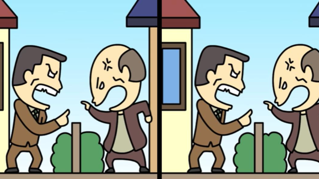 Vizinhos brigando: descubra as diferenças na imagem! Vizinhos brigando: descubra as diferenças na imagem!